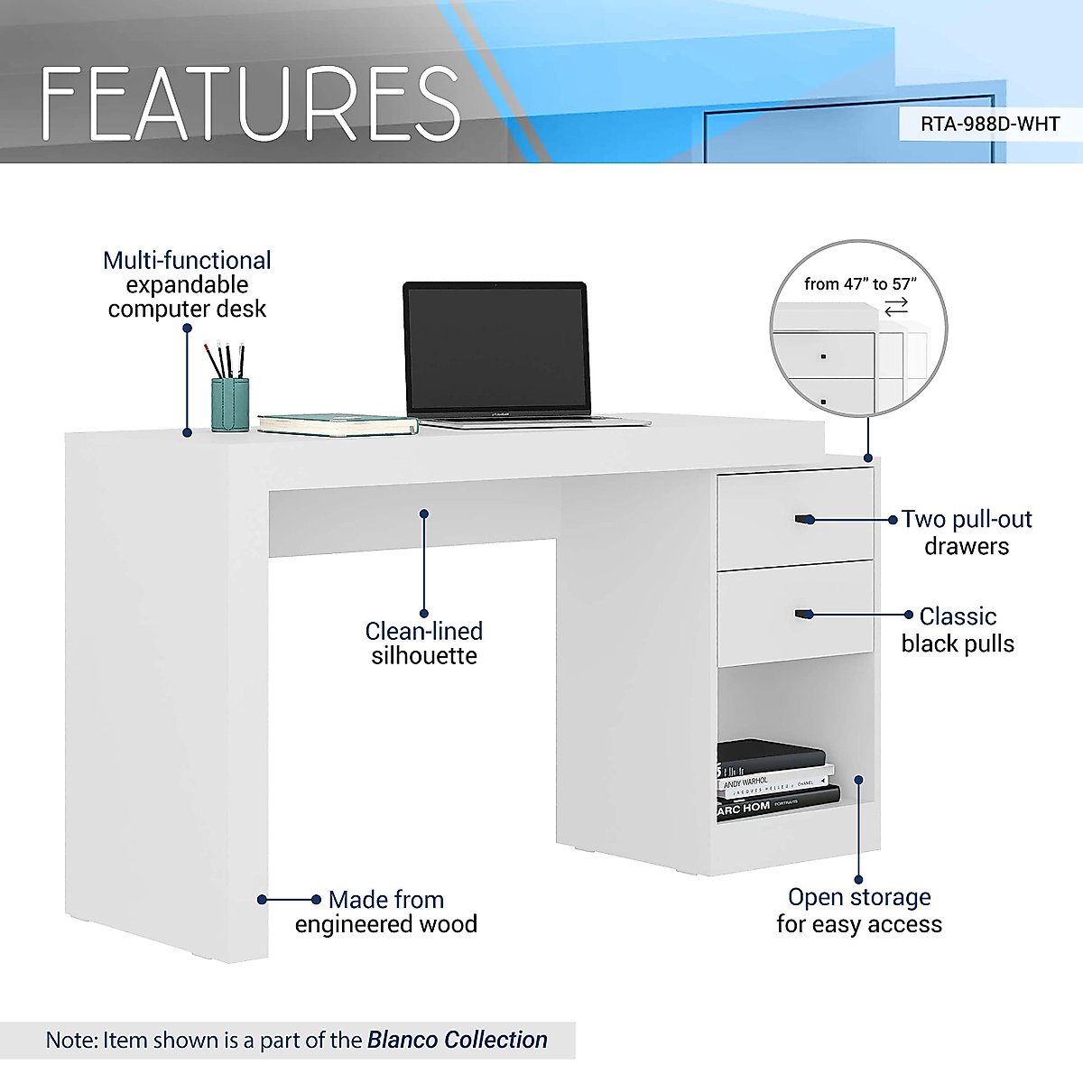 Techni Mobili Expandable Desk with Storage Drawers & Open Shelf - Expands from 47 Inch to 57 Inch - White Computer Desk with Printer Space - Modern Home Office Table with Drawers Blanco Collection