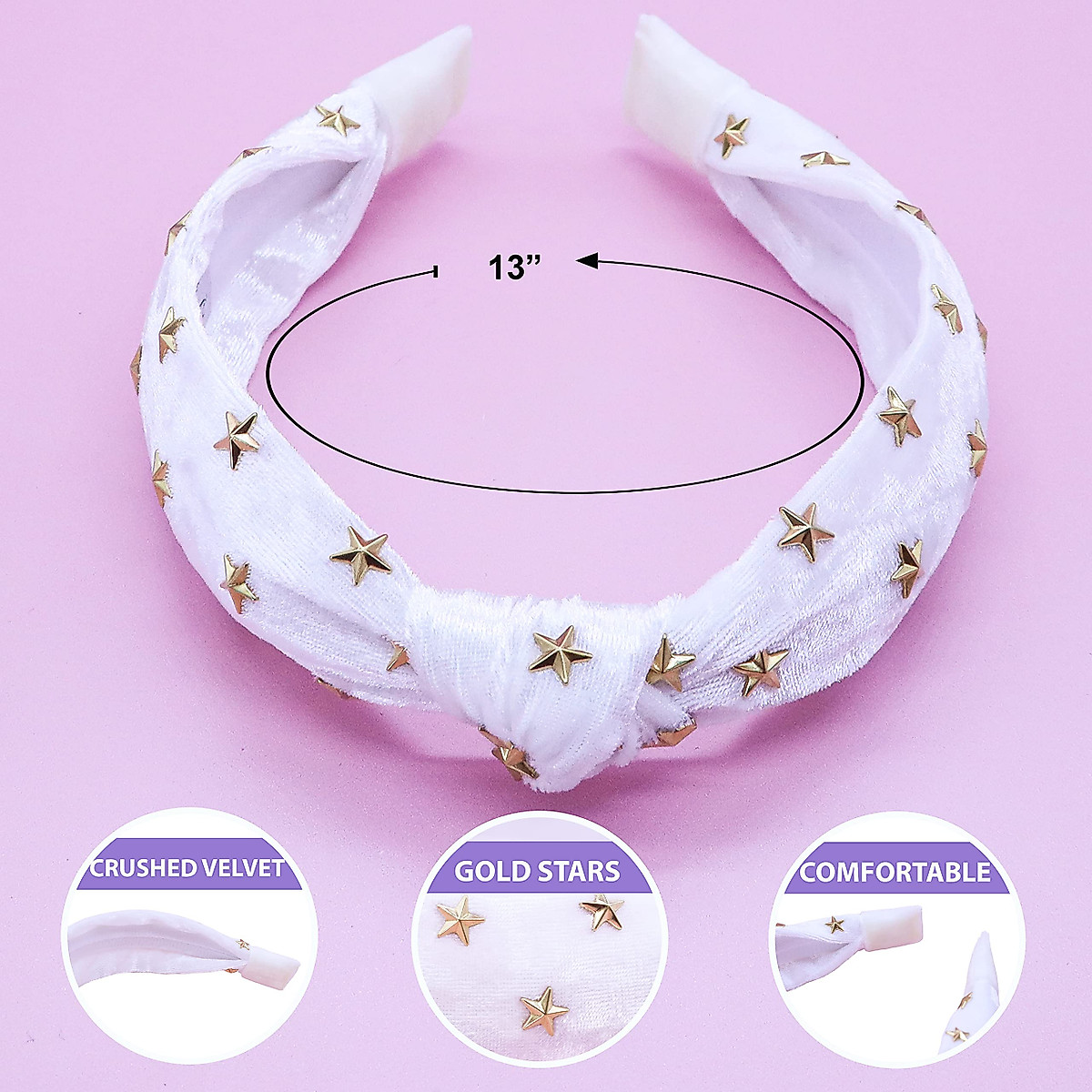 FROG SAC Star Studded White Knotted Headband, Velvet Hair Accessory with Gold Stars for Girls, No Slip Fashion Head Band