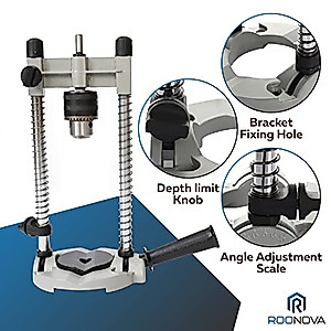 ROONOVA: Angle Drill Guide | Portable Drill Press Stand | Strong Aluminum Alloy | Multi-Angle Adjustable Drill Press Guide with Chuck | Portable & Lightweight | Complete with Credit Card Tool