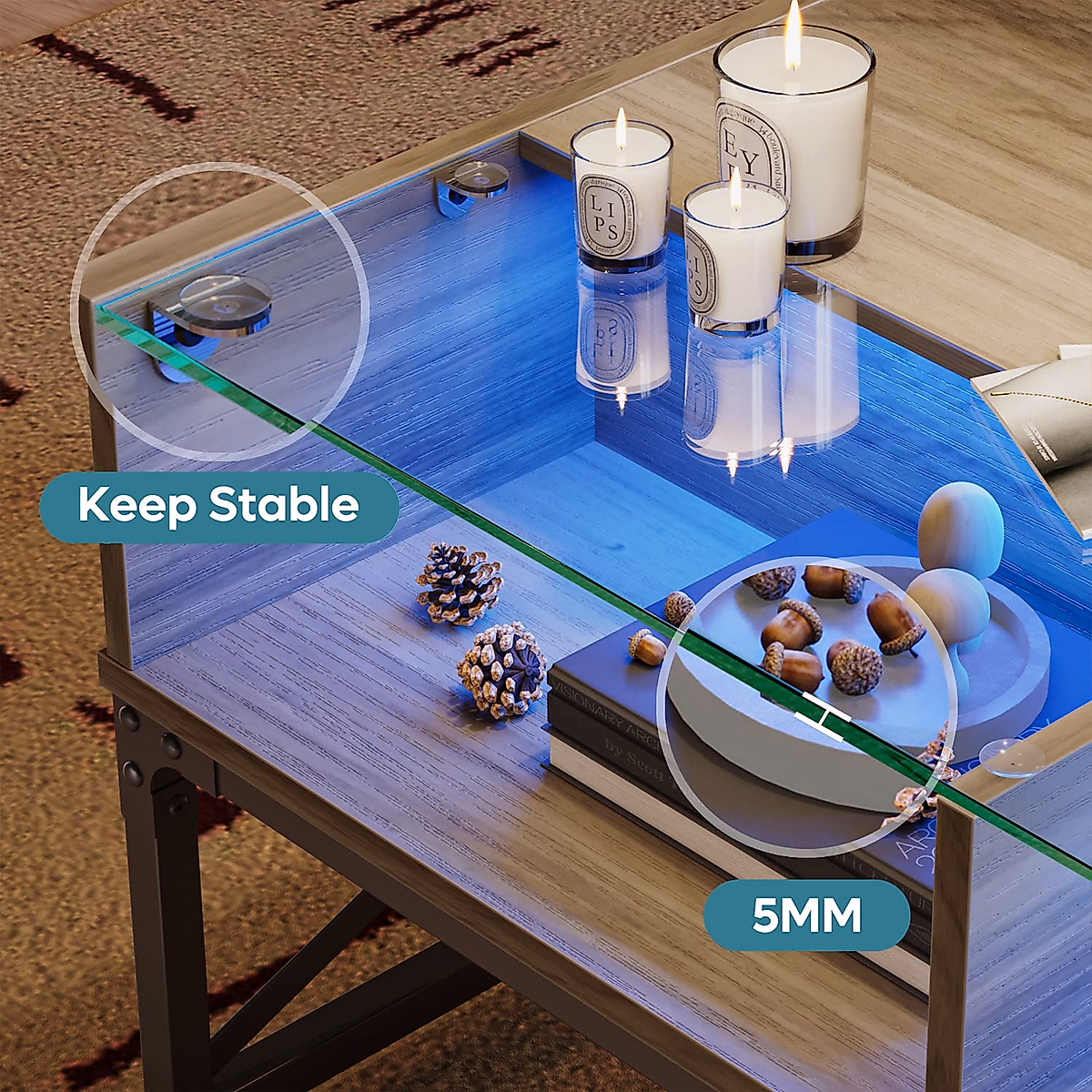 Bestie Gaming Room Set 42 inch LED Small Gaming Desk with Monitor Stand Bundle with LED Coffee Tables for Living Room,