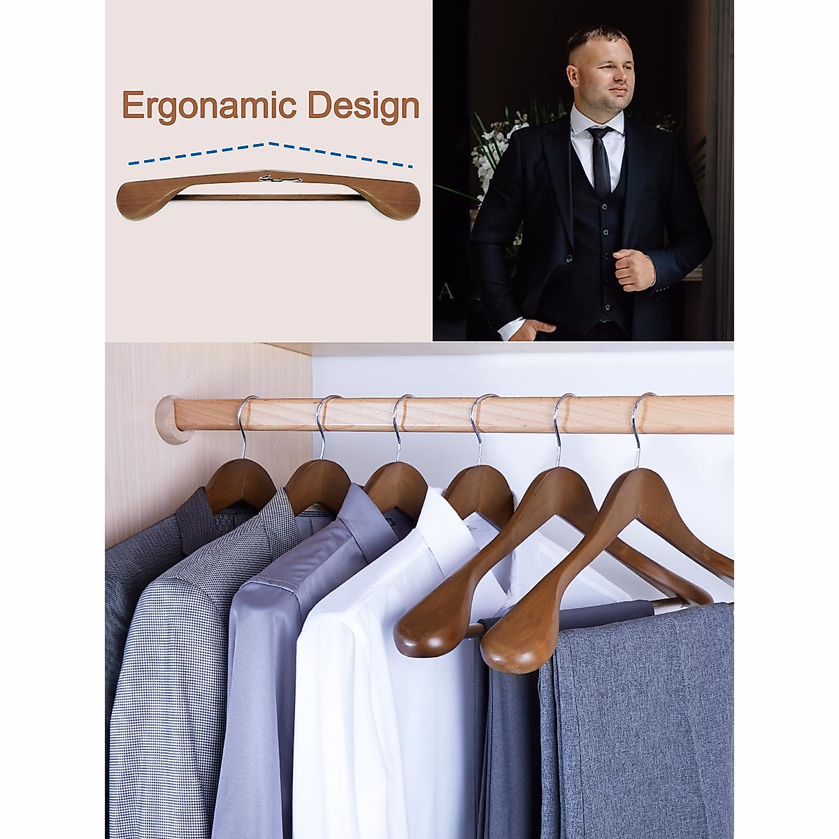 HOUSE DAY 19'' Extra Wide Shoulder Wooden Hangers 6 Pack, Premium Large Wood Suit Hangers with Non Slip Pant Holder, Wide Shoulder Hangers for Suits, Coats, Jackets, Heavy Wide Clothes Hanger, Walnut