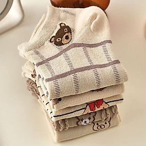 4/5/6/8/10 Pairs Cute Low Cut Ankle Sock Winter Gifts for Women Floral Ankle Thermal Socks Women Short Socks Casual Cotton Socks (5 Pairs-Brown Combo)