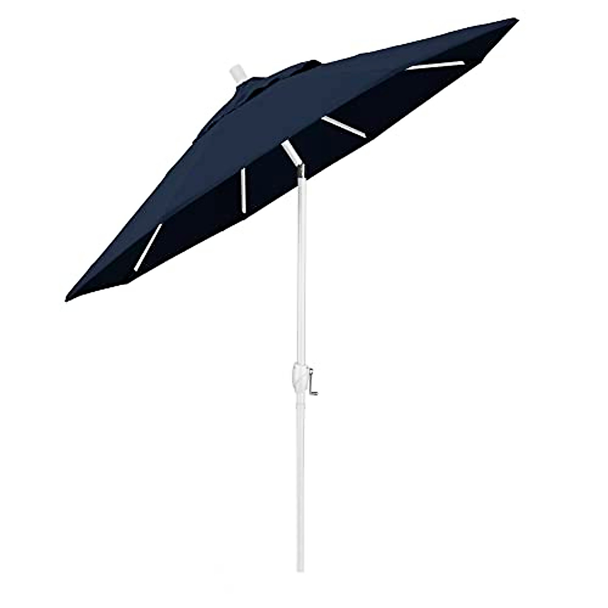 California Umbrella 9' Round Aluminum Market Umbrella, Crank Lift, Push Button Tilt, White Pole, Navy Blue Olefin