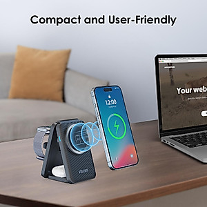 KIXUNY 3 in 1 Wireless Charging Station for Magsafe Charger Stand, Wireless Charger 3 in 1, Foldable Travel Charger 3 in 1 for iPhone15/14/13/12 and Apple Watch/AirPods/(Adapter Included)