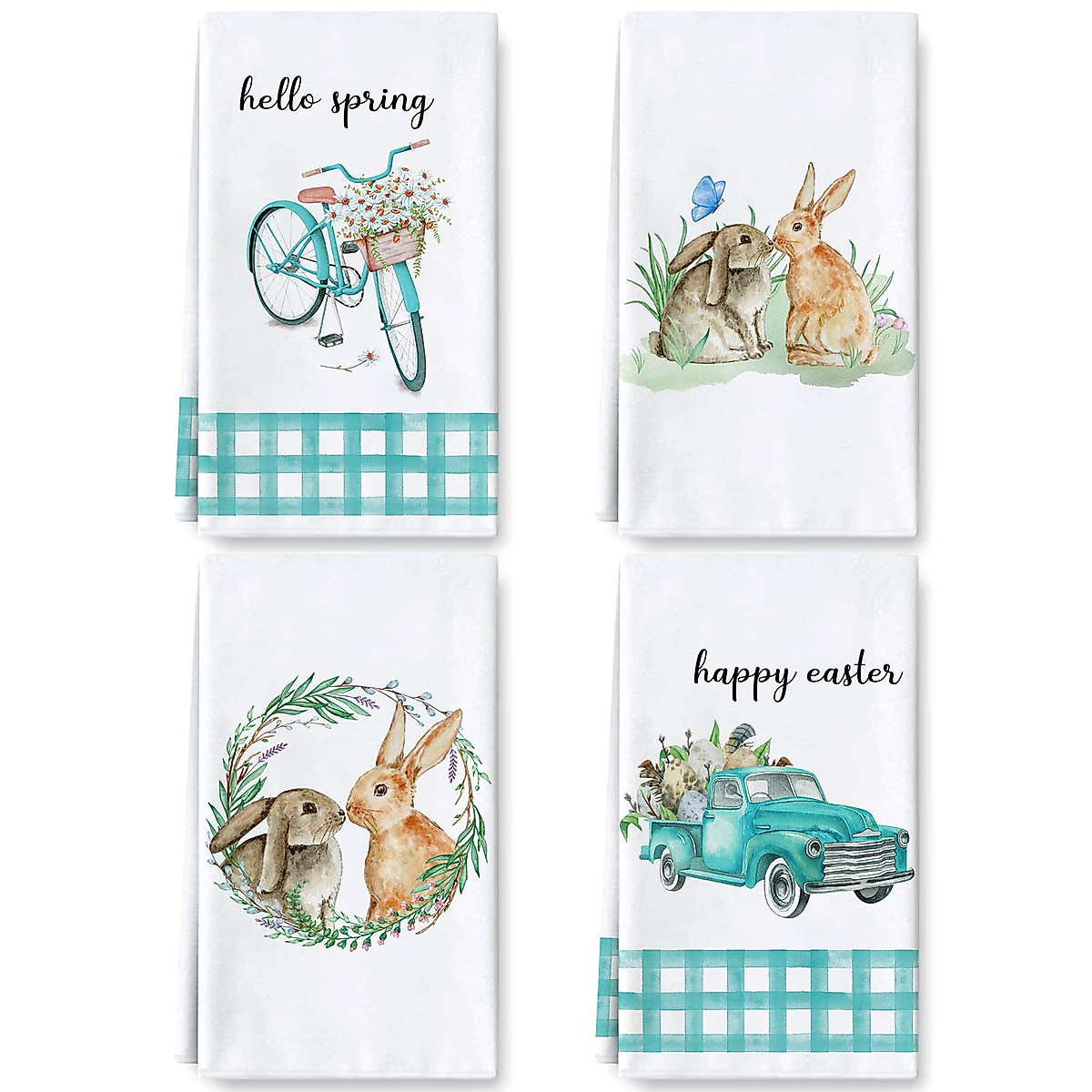 AnyDesign Easter Kitchen Towel Watercolor Easter Bunny Rabbit Truck Bicycle Dish Towel Blue White Plaids Spring Hand Drying Tea Towel for Cooking Baking Cleaning Wipes, Set of 4, 18 x 28 Inch