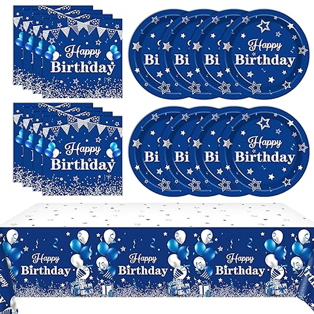 ZOIIWA Navy Blue and Silver Birthday Party Supplies Tableware Set Plates Napkins Tablecloth Serves 24 Guests Baby Shower Wedding Favors (JC0366com)