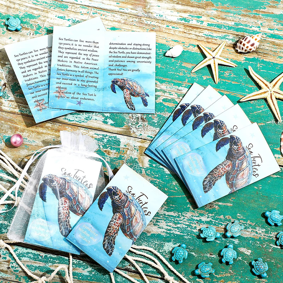 122 Pcs Sea Turtle Gifts Sets Including 36 Pcs Appreciation Cards Mini Sea Turtle Greeting Notecard, 36 Pcs Organza Bags, 50 Pcs Mini Sea Turtle for Employees Nurses Teachers Students Volunteers