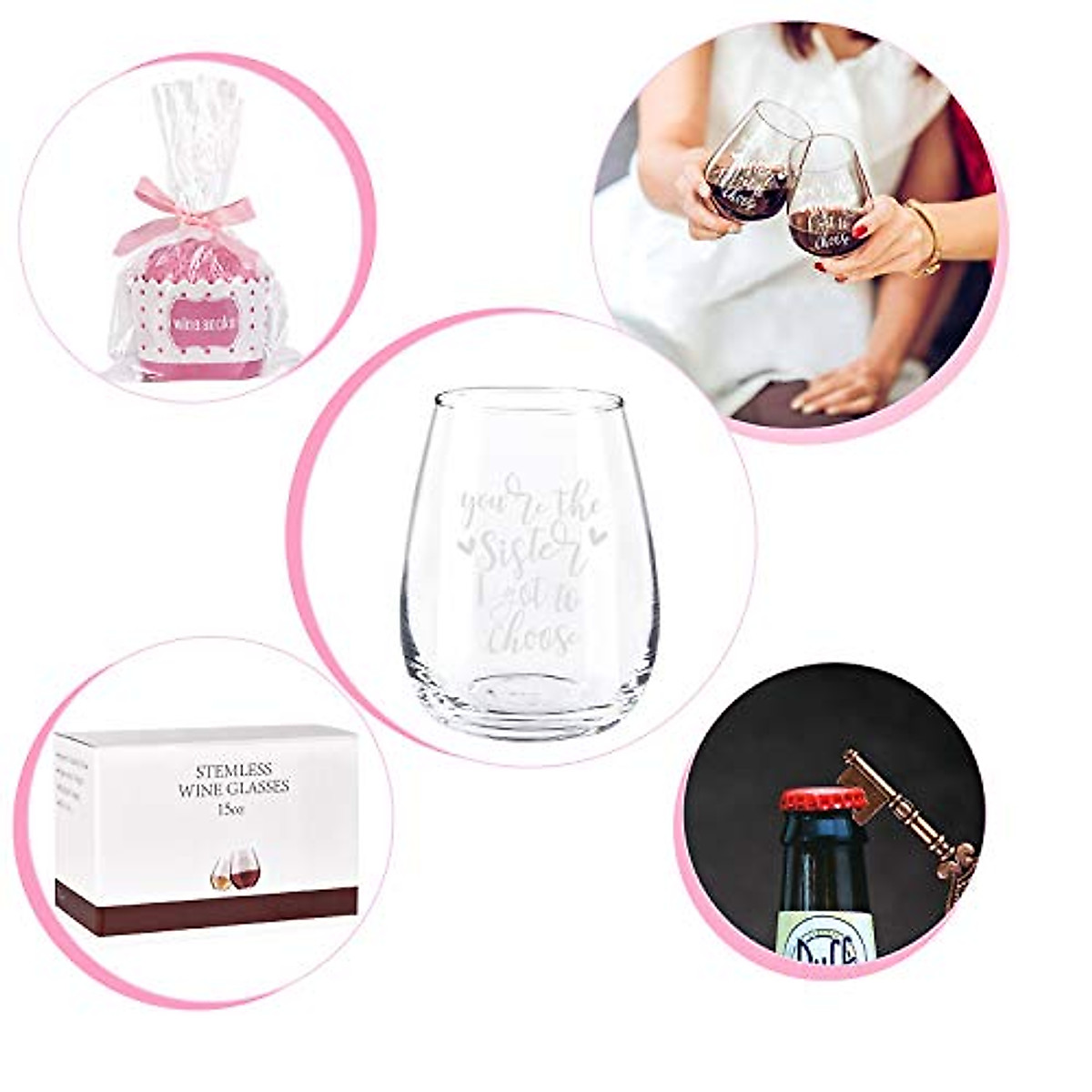 You're the Sister I Got to Choose Stemless Wine Glass 15Oz with Cupcake Wine Socks Set, Sister Wine Glass for Birthday Galentine's Day Mother's Day Christmas, Ideal for Women Friend Sister BBF
