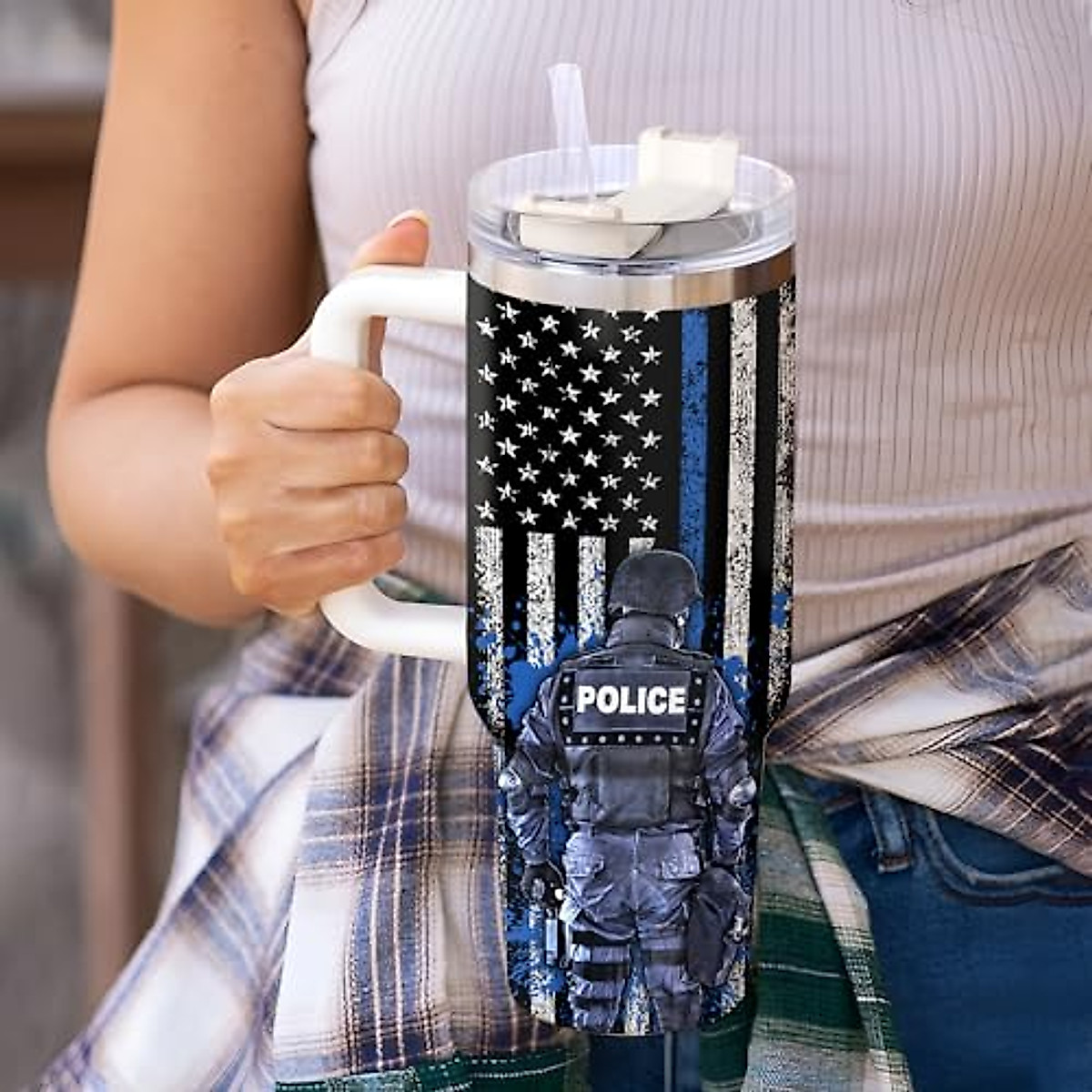 Hyturtle Police Gifts Personalized Thin Blue Line Tumbler US Flag Police Academy Graduation Gifts for Men Cops Officer Retirement 40 Oz Tumbler With Lid And Straw