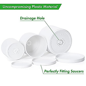 D'vine Dev 4 Inch 5 Inch 6 Inch, Set of 3 Plastic Planter Pots for Plants with Drainage Hole and Seamless Saucers, White Color, Small, 74-E-S-1