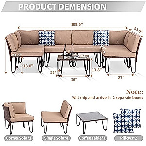UDPATIO Outdoor Patio Furniture Sets, 7 Piece Outdoor Sectional Couch Wicker Patio Conversation Set PE Rattan Sofa w/Dining Coffee Table Washable Olefin Cushion & Pillow for Garden Balcony Yard Khaki