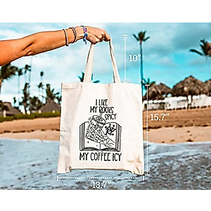 GXVUIS I Like My Books Spicy and My Coffee Icy Canvas Tote Bag for Women Aesthetic Reusable Eco-Friendly Grocery Shopping Bag White