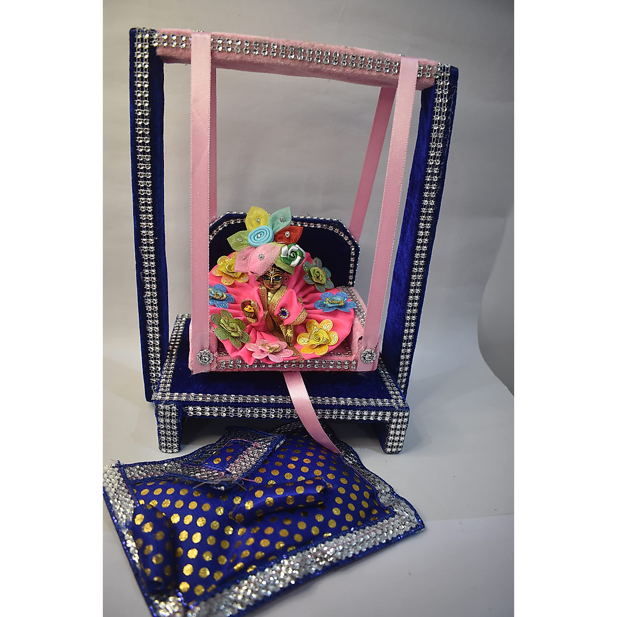 Wooden handicraft ladoo gopal jhula wooden handicraft laddu gopal jhula for pooja room home/office decor for janmasthmi with aashan, pink, H x W x D: 30 cm x 25 cm x 20 cm