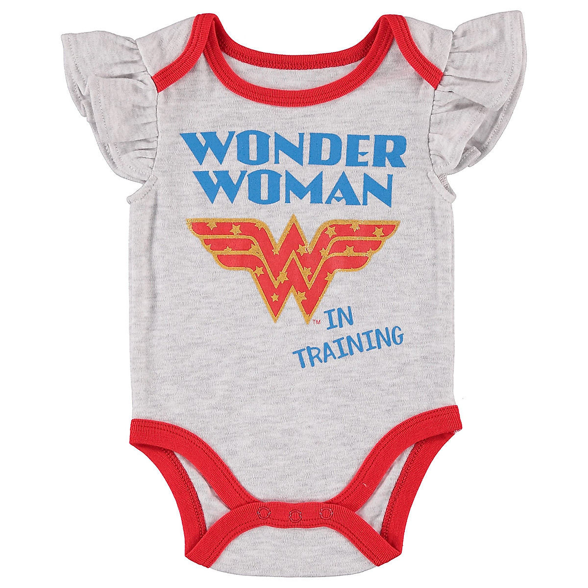 Wonder Woman Newborn Girls 3 Pack Bodysuits (Red/Blue/Grey, 3-6 Months)