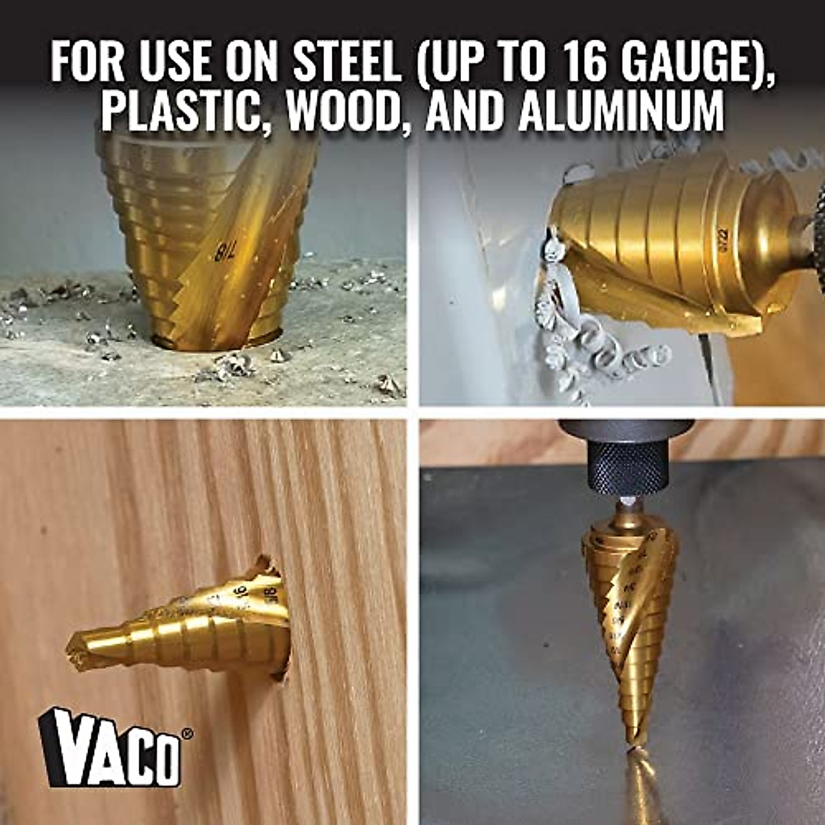 Klein Tools 25950 Step Drill Bit Set, Spiral Double Fluted, Titanium Nitride Coating, 1/4-Inch Impact Shank, Rugged Case, 4-Piece