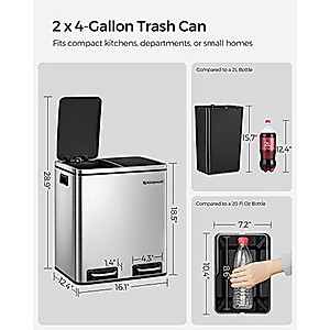 SONGMICS Dual Trash Can, 2 x 4 Gal (2 x 15L) Garbage Can, Steel Pedal Recycle Bin with Lid and Inner Buckets, for Small Kitchens, Fingerprint-Proof, Soft Closure, Airtight, Silver ULTB30H