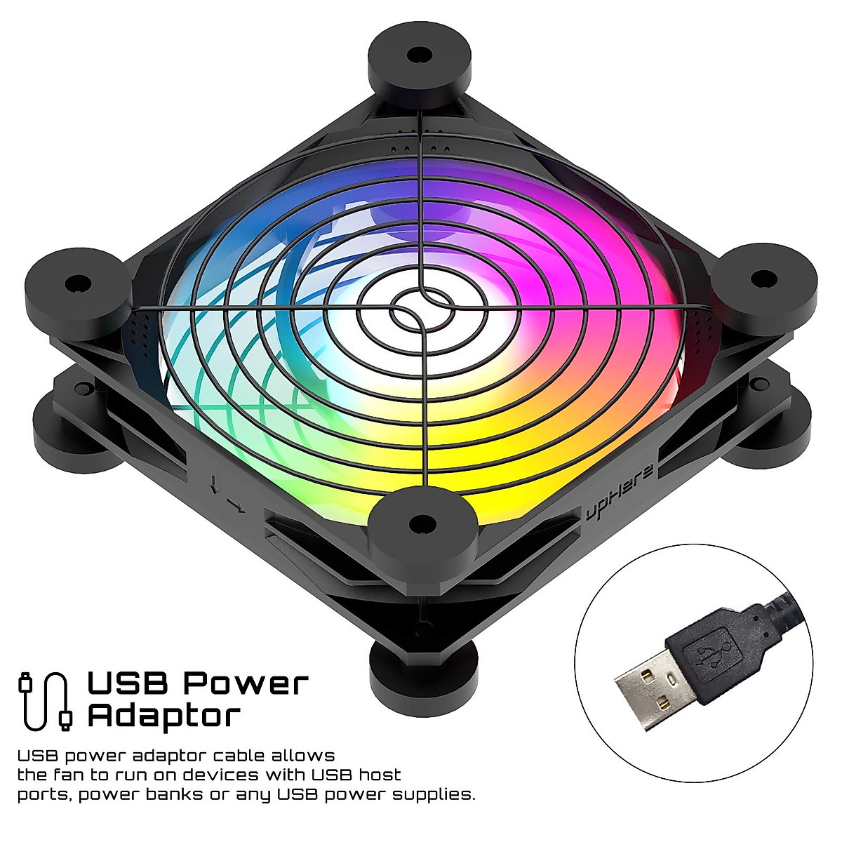 upHere N12U06 USB Fan,Dynamic Rainbow LED,Silent 120mm Fan for Computer Cases Computer Cabinet PlayStation Xbox Cooling