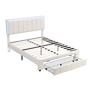 Modern Queen Size Upholstered Platform Bed with LED Lights and 2 Motion Activated Night Lights, PU Leather Platform Bed Frame Mattress Foundation with Storage Drawer for Bedroom Guest Room (White-A4)