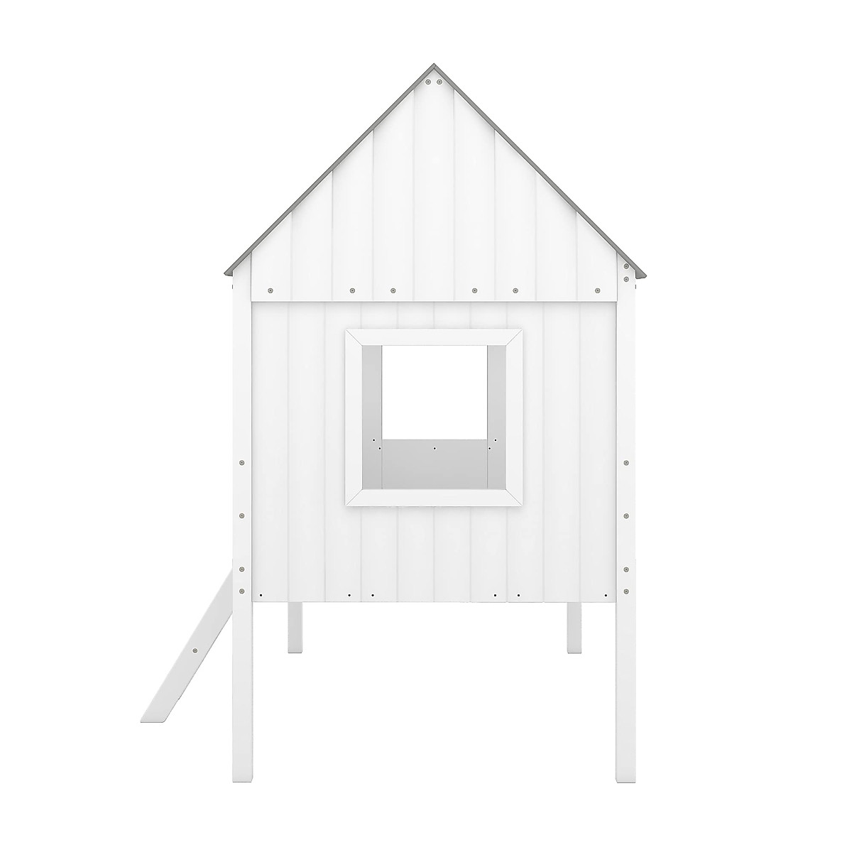 Twin House Bed for Kids Wood Low Loft Bed Frame with Windows and Roof, Easy Assembly, for Girls Boys (White+Gray)