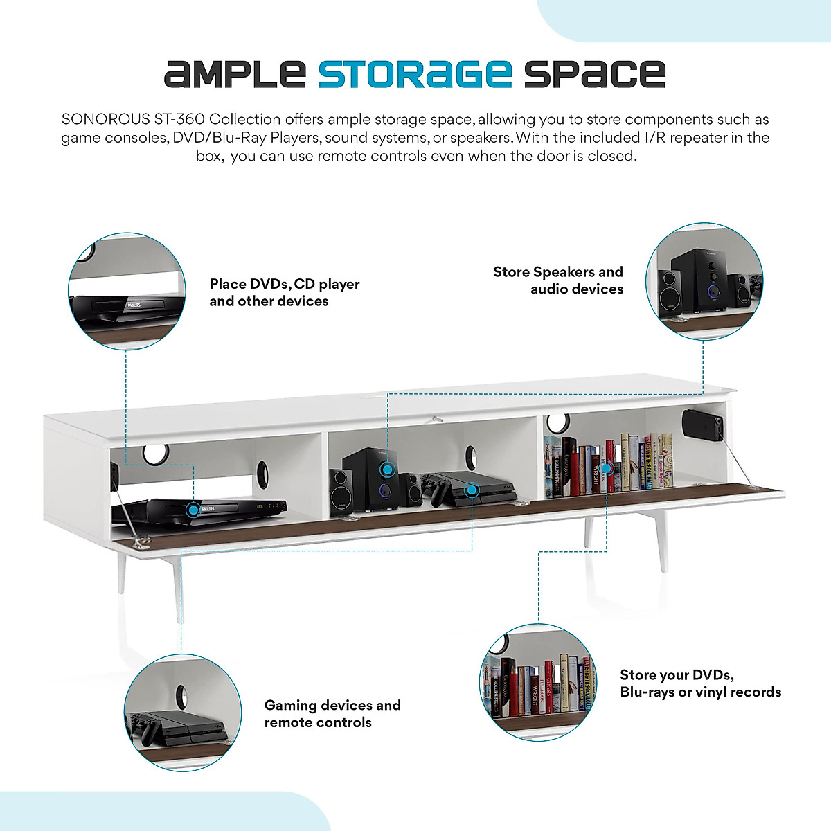 SONOROUS ST-360 Premium TV Stand for Living Room - Luxury Wood & Glass Media Console with Metal Legs - Modern Media Furniture with Storage - White TV Table Support up to 75" - Walnut Wood Cover