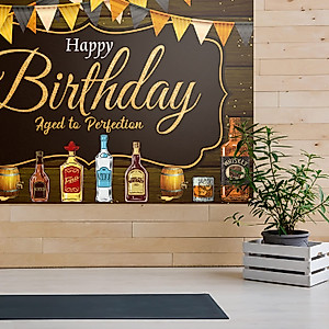 Whisky Birthday Backdrop Banner Decor Black - Whisky Cheer & Beer Theme Aged to Perfection Happy Birthday Party Decorations for Men Women Supplies, 3.9x5.9 ft