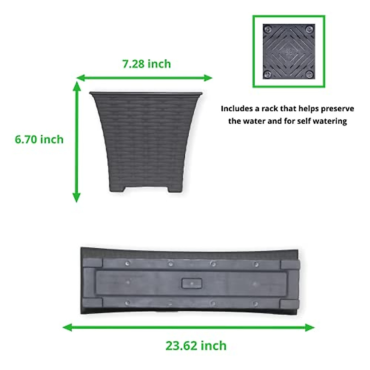 Elly Décor Set of 2 24x8 Rectangular Modern, Resistant and Self Watering Planter with Rattan-Like Finish, 24", Gray