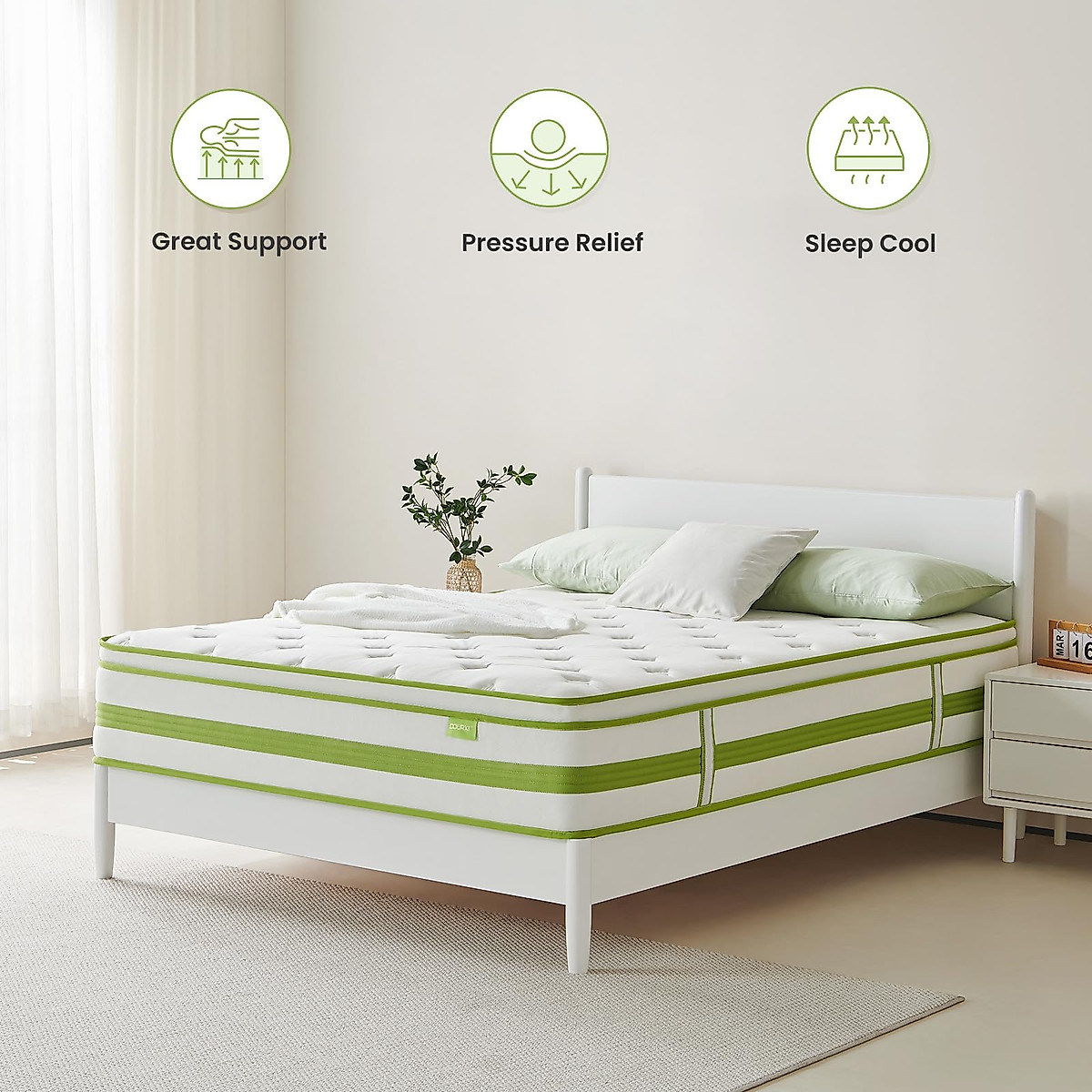 Dourxi Queen Mattress, 12 Inch Mattress in a Box, Hybrid Mattress Queen, Organic Cotton Fabric Cover and Individual Pocket Springs, Cooler Sleep and Pressure Relief, Plush Support Feel, 80*60*12Inch