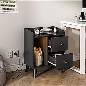 Saudism LED Nightstand with Wireless Charging Station, RGB Lights Night Stands for Bedroom, Smart Charging Bedside Table End Table with Two Drawers and Open Shelves (Black)