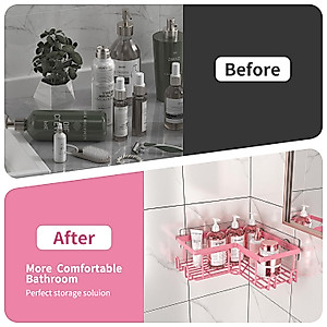 Youvip Shower Caddy Corner，3 pack Corner Adhesive Shower Caddy，Stainless Steel Bathroom Shower Organizer with Hooks & Soap Holder，Shower Shelves No Drilling for Bathrrom，Pink