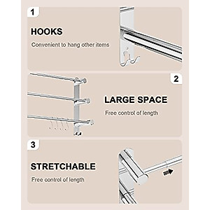 3-Tier Adjustable Ladder Bath Towel Bar 16 to 27.6 Inch, ZUEXT Polish Chrome Stainless Steel Towel Holder Hanger,Wall Mounted Stair Towel Rod for Bathroom Kitchen, Strechable Towel Rail Racks w/Hooks