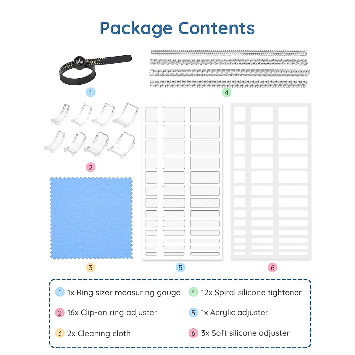 Ring Sizer Adjuster for Loose Rings, 187 Piece Ring Size Adjuster Set, w/16 Plug-in Invisible Ring Adjuster, 12 Spiral Silicone Tightener Set,Fit Any Rings,156 EVA Stickers w/Ring Size Measuring Tool
