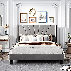 HBRR Queen Size Bed Frame with Velvet Upholstered Headboard, Low Profile Platform Bed with Wood Slats, Fully Upholstered Mattress Foundation, Noise-Free, Easy Assembly, Gray