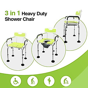 3 in 1 Commode Shower Chair for Inside Shower 400lbs, Raised Bedside Shower Seat with Arms & Back, Adjustable Toilet Seat Risers, Bathtub Stool for Seniors, Elderly, Disabled, Handicap, Injured