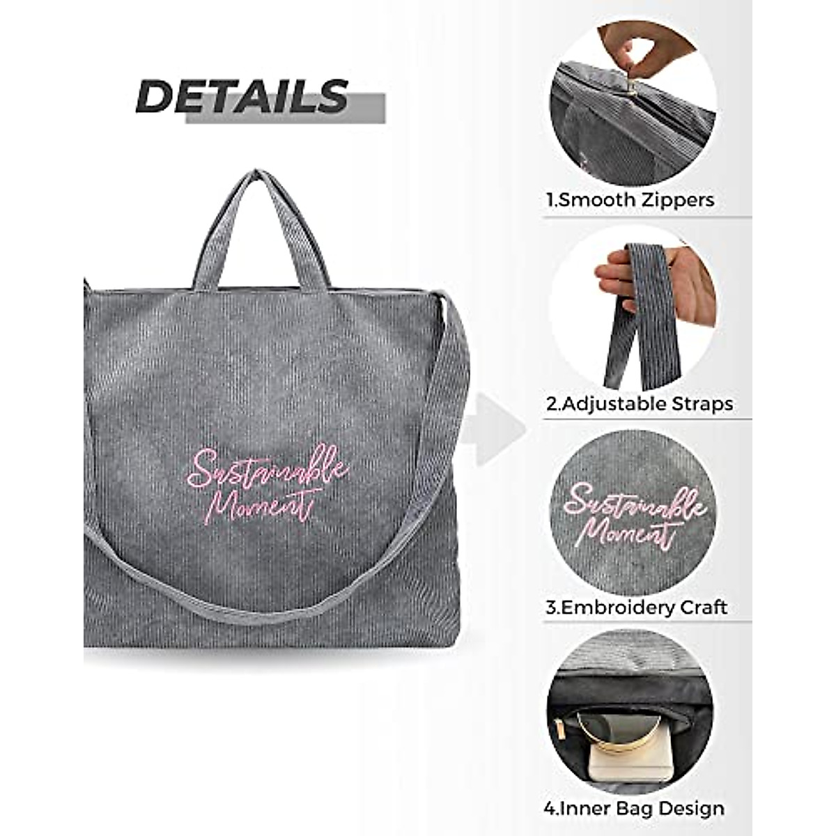 Corduroy Tote Bag for Women,Large Tote Bag ,Shoulder Bag with Zipper&Inner Pockets,Hobo Crossbody Handbag Casual Tote. (Grey)