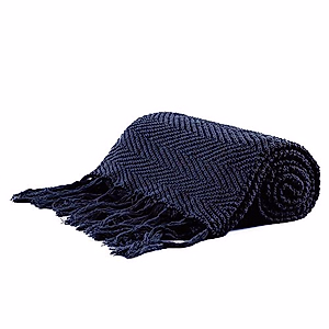 Longhui bedding Fringe Knit Cotton Throw Blanket, 50 x 60 Inch Decorative Knitted Cover with 6 Inches Tassels, Bonus Laundry Bag – 2.5lb Weight, Couch Blankets, Dark Navy Blue