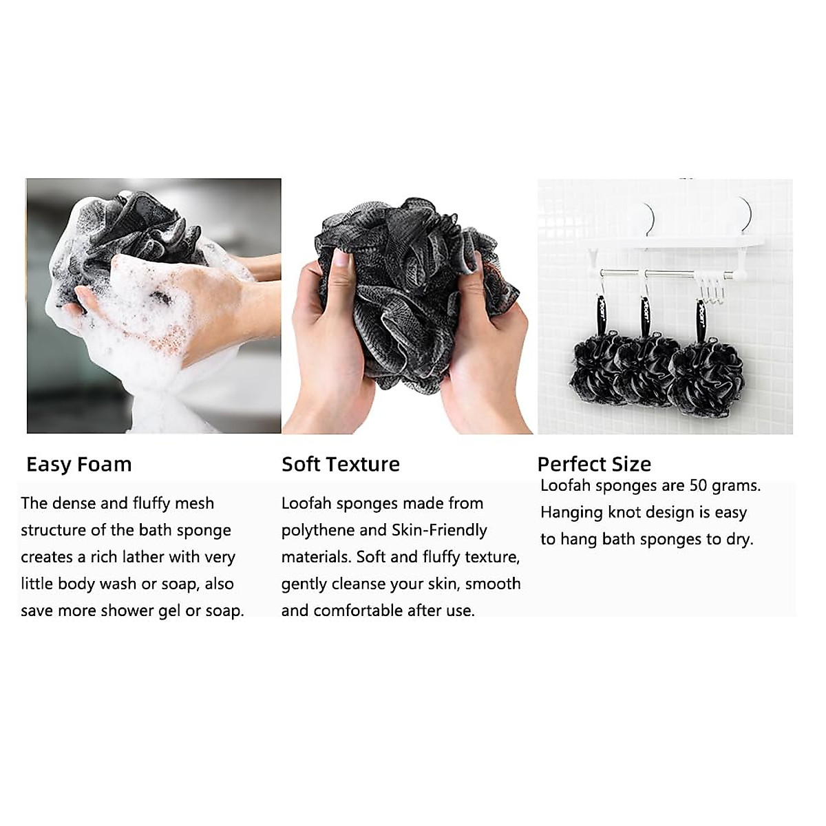 Nourah, Dual-Sided, Silicone Base Swirl Mesh Flower Sponge lufas, Shower Ball Scrubber, Lather and Exfoliating, Comfortable Bath Sponge for Cleansing and Smoothing Skin, for Men. (Black)