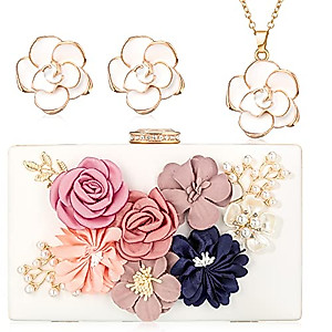 4 Pieces Flower Clutch Purse with Rose Flower Necklace Earrings Set for Women Girls Wedding Floral Evening Bags Bride Clutch Bridal Handbag for Party