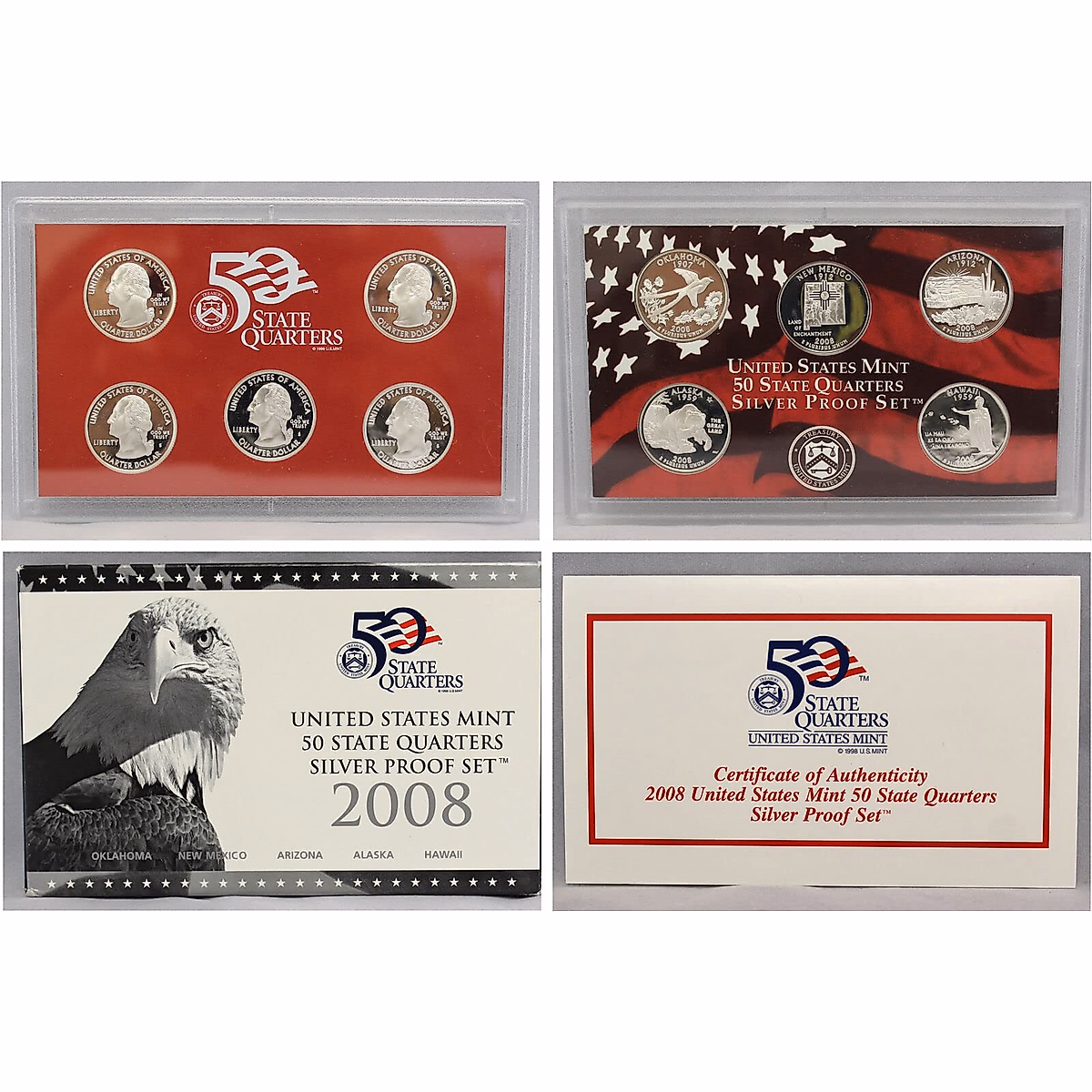 2008 S 2008 S Proof State Quarter Set 90% Silver No Box or COA 5 Coins US Mint Quarter US Mint Proof