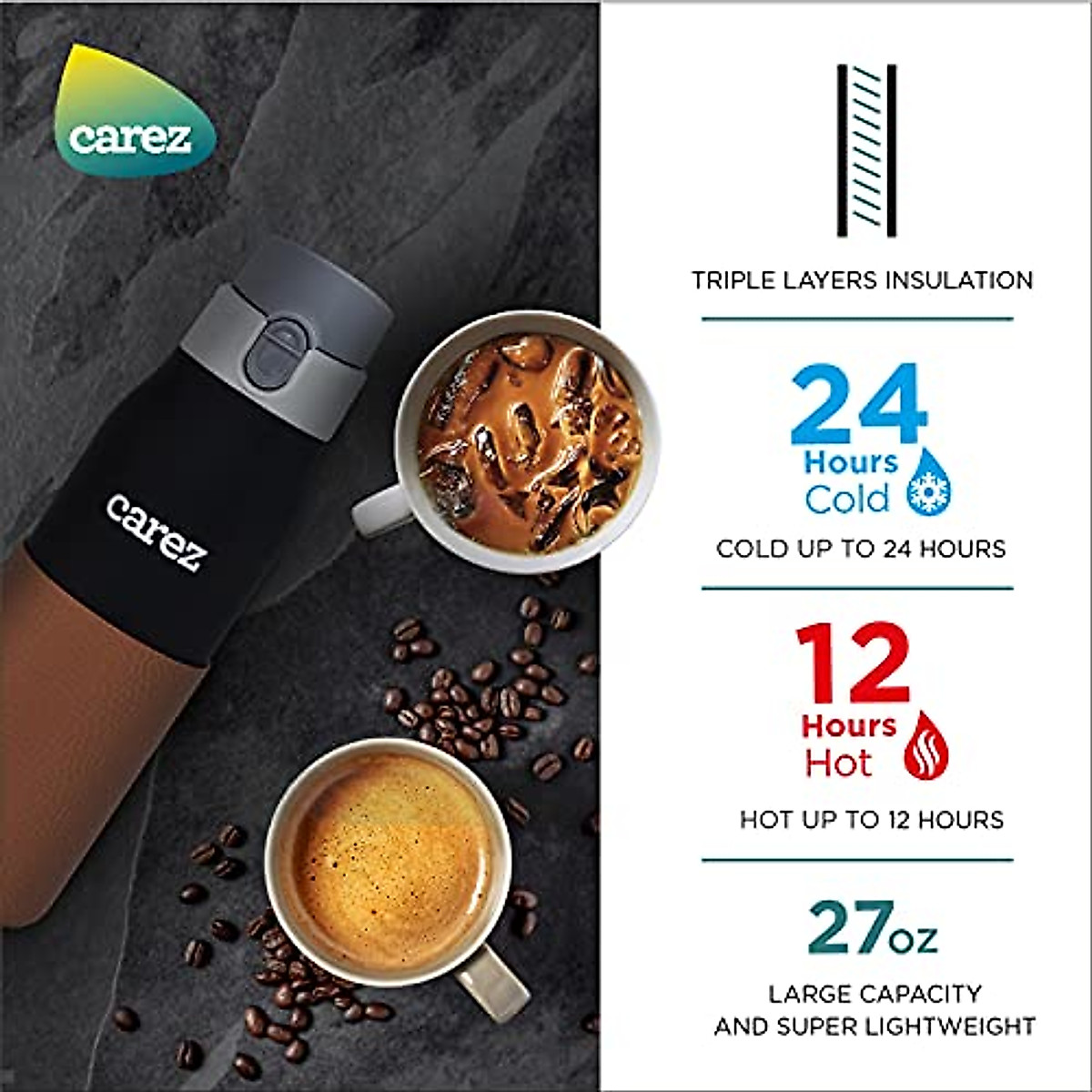 CAREZ SUPERLIGHT Insulated Stainless Steel 100% BPA-Free Leakproof Water Bottle for Office, Gym, Travels with Temperature Retention - Superlight, Anti-slippery, Vacuum Flask (Black Onyx)