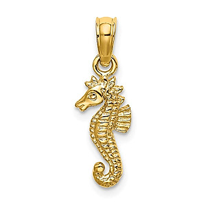 Solid 14k Yellow Gold 2-D Mini Seahorse Charm Pendant - 12mm x 6mm