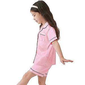 SWOMOG Kids Satin Pajamas Sets Girls Boys Button-Down Pjs Short Sleeve Silk Nightwear 2 Piece Lounge Sets Pink