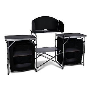 Evcitn Camping Kitchen Table with Pcinic Mat, Aluminum Portable Folding Camp Cook Table with Windshield, Storage Organizer, Quick Installation for Outdoor Picnic Beach Party Cooking, Black