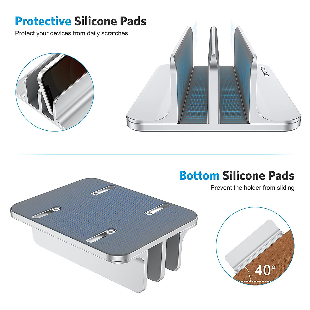 OMOTON [Updated Dock Version] Vertical Laptop Stand, Double Desktop Stand Holder with Adjustable Dock (Up to 17.3 inch), Fits All MacBook/Surface/Samsung/HP/Dell/Chrome Book (Silver)