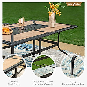 Sophia & William Rectangular Outdoor Dining Table with 1.6"-2" Adjustable Umbrella Hole, 6 Person Patio Table for Outdoor, Rectangle Patio Table with Faux Wood Tabletop and Metal Steel Frame