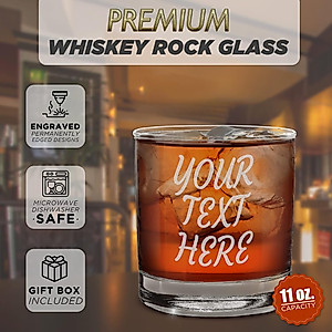 Personalized Your Text Here Engraved Bourbon Whiskey Glass 11 oz, Custom Drinking Rocks Glasses Gift for Him, Her