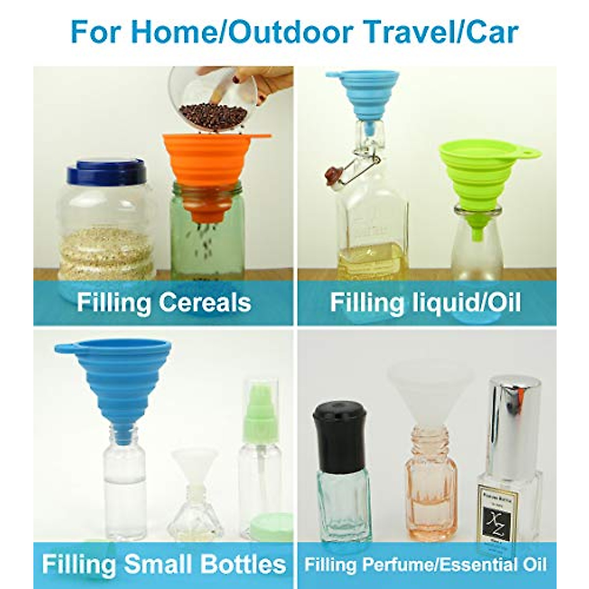 4 Different Sizes Kitchen Funnel, Funnels for Filling Bottles, Food Grade Silicone Collapsible Funnel, Premium Canning Funnel/Food Funnel, Large Funnel for Wide Mouth Jar, Medium/Small/Mini Funnel Set