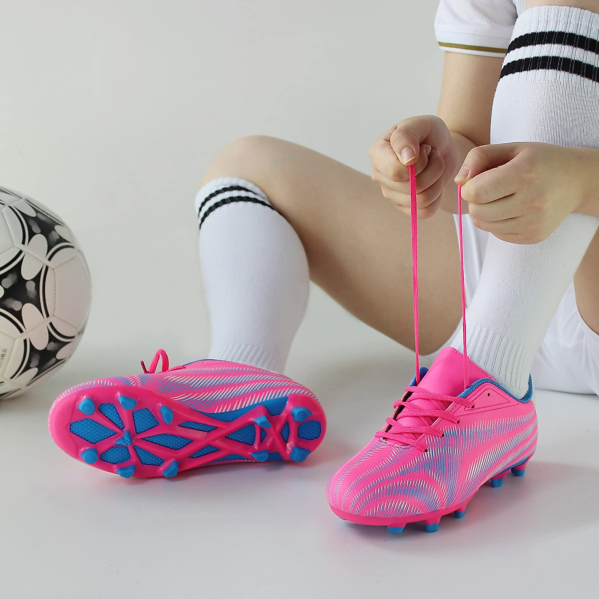 Hawkwell Boys Girls Athletic Outdoor Soccer Cleats Soccer Shoes(Toddler/Little Kid/Big Kid),Pink PU,13 M US