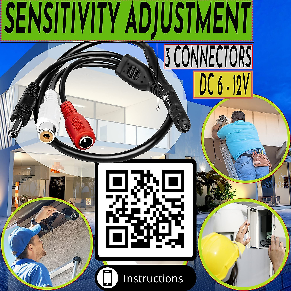 USA Sales Group Tiny RCA Outdoor Security CCTV Microphone for IP, NVR, TV, DVR Surveillance Cameras, Audio Mic Clear Sound with High Sensitive Adjustment Preamp Amplified Pickup Device Kit (1 Pack)