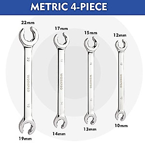 WORKPRO Flare Nut Wrench Set, Metric, 4-piece, 10, 12, 13, 14, 15, 17, 19, 22mm, Cr-V Steel, 15° Offset End Brake Line Wrenches Set, Organizer Pouch Included