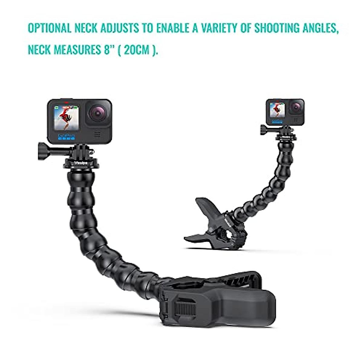 Wealpe Jaws Clamp Mount Flex Gooseneck Mount Compatible with GoPro Hero 11, 10, 9, 8, 7, Max, Fusion, Hero (2018), 6, 5, 4, Session, 3+, 3, 2, 1, DJI Osmo, Xiaomi Yi Cameras